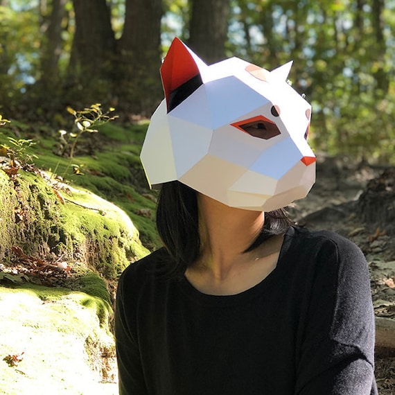 Nekomata Yokai Cat Mask Head Mask 3d Low Poly Diy Etsy