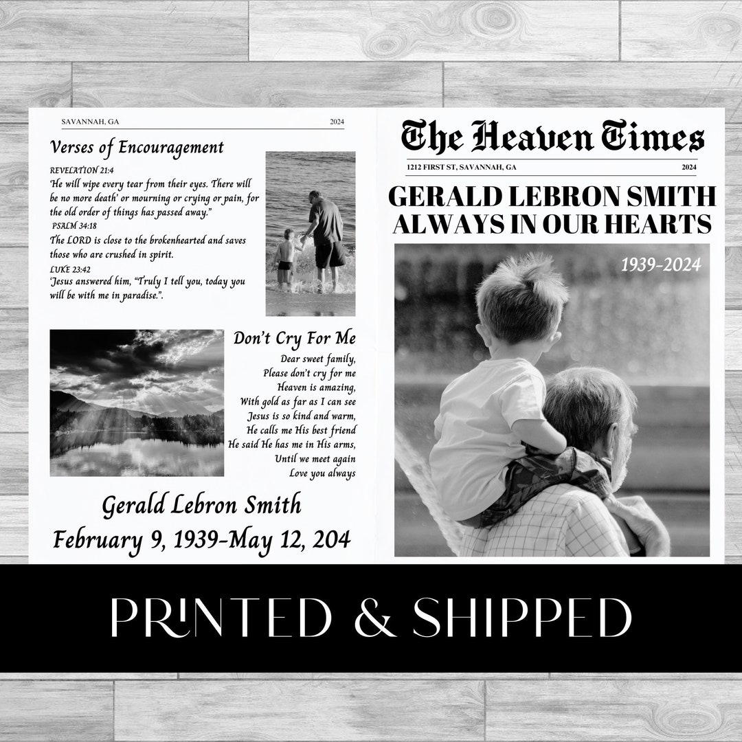 Printed and Shipped Memorial Newspaper, in Memory Gift, Sympathy Gift ...