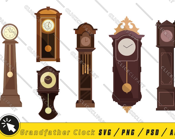 Grandfather Clock Vector Clipart Set / Outline & Stamp Drawing ...