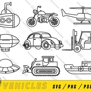 Vehicle SVG Bundle Vector | Work Machine | Car Plane Ufo Motorcycle ...