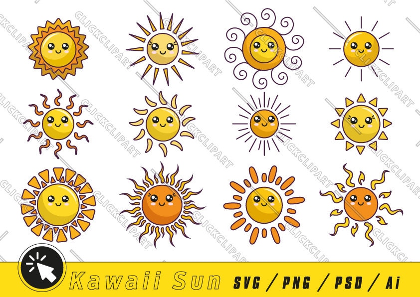 Kawaii Suns SVG Sun Clipart Sun Png Weather Cute Kawaii Sunshine Kawaii ...
