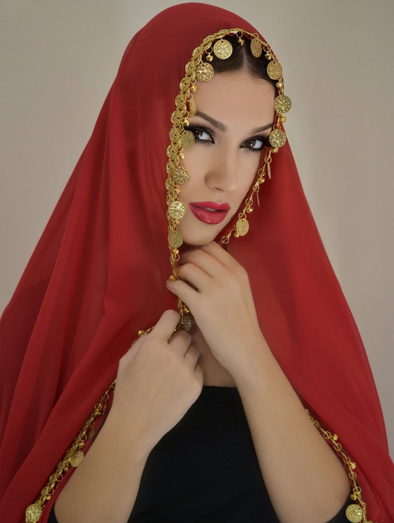 Red Bridal Veil With Gold Coins/ Long Muslim Wedding Veil/ - Etsy
