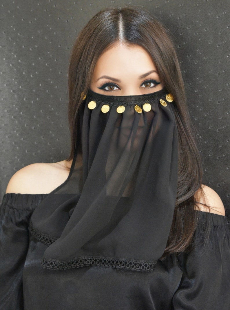 Chiffon Face Veil With Golden Coins/belly Dancer Mask/muslim Veil/harem ...
