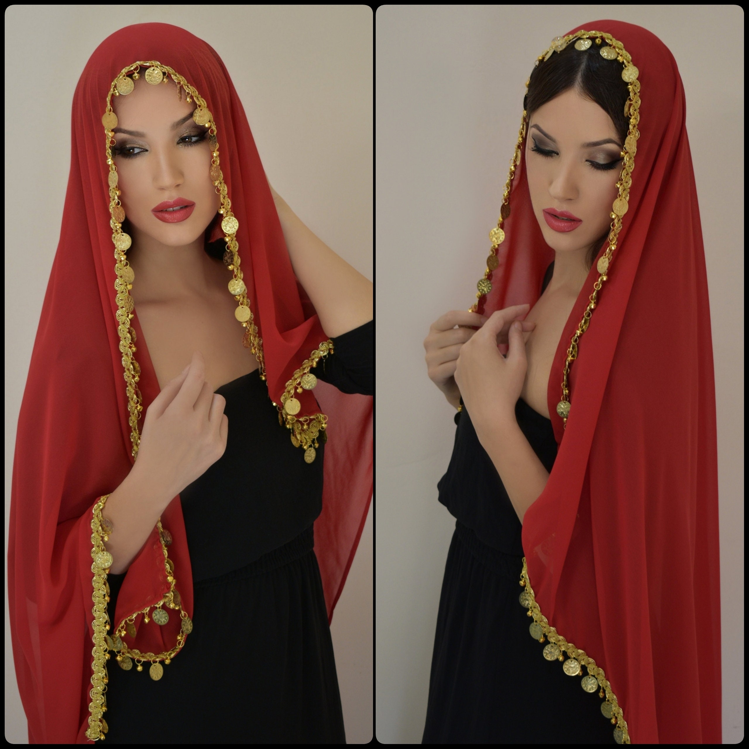 Red Bridal Veil With Gold Coins/ Long Muslim Wedding Veil/ Arabic ...
