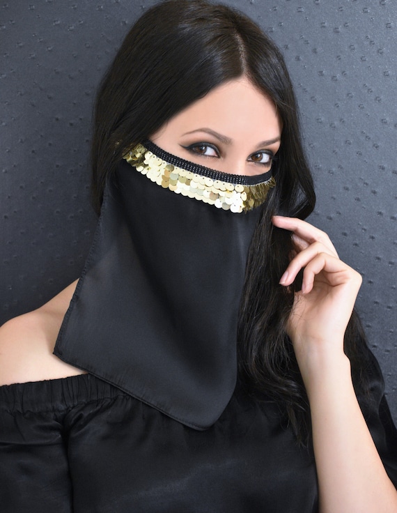 Face Veil With Gold Sequinsbelly Dancer Masksexy Veilburka Etsy
