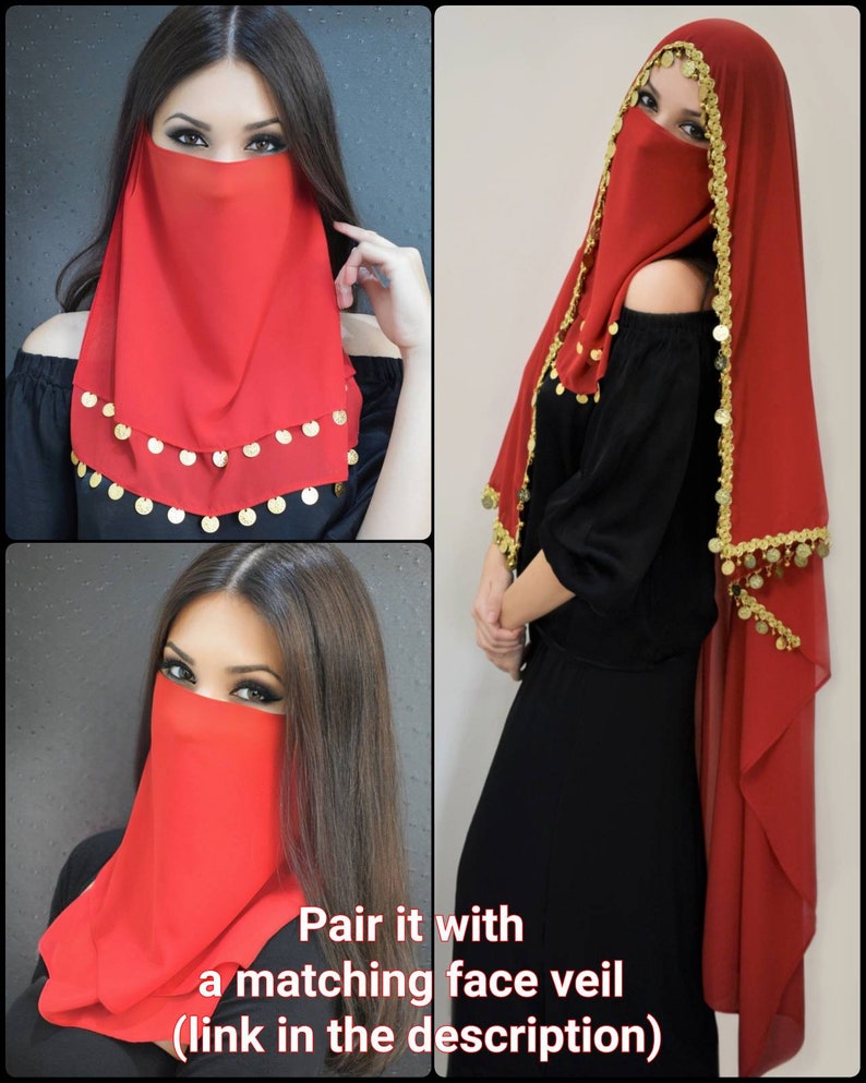 Red Bridal Veil With Gold Coins/ Long Muslim Wedding Veil/ Arabic ...