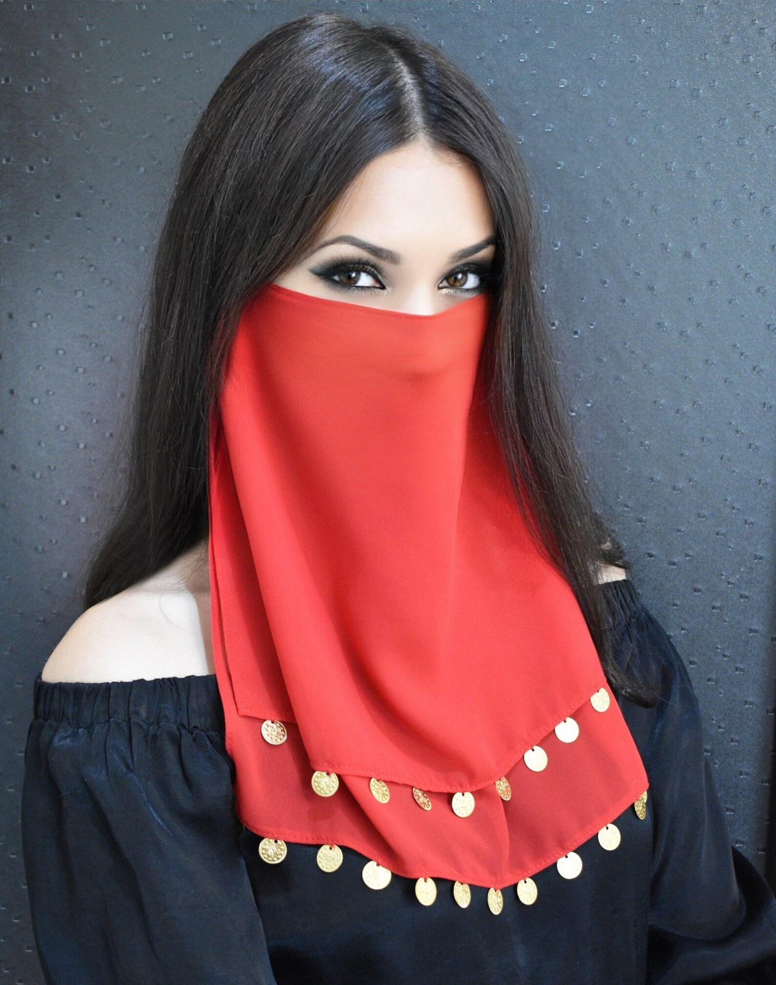 Face Veil With Coins/ Chiffon Belly Dancer Mask/ Bridal Face Scarf ...