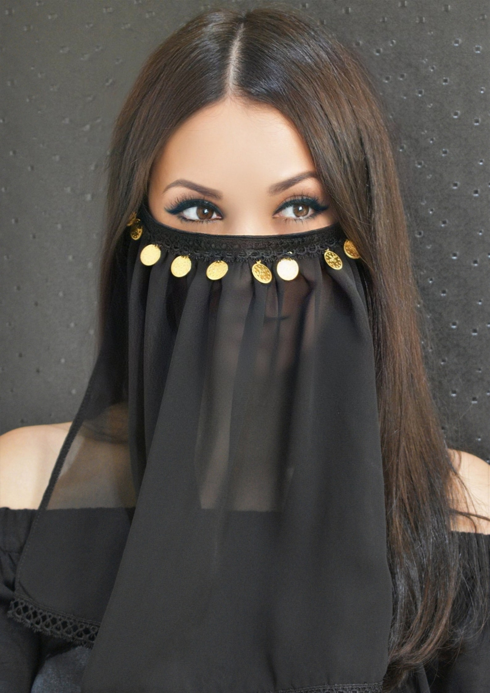 Chiffon Face Veil With Golden Coins Belly Dancer Mask Muslim Etsy
