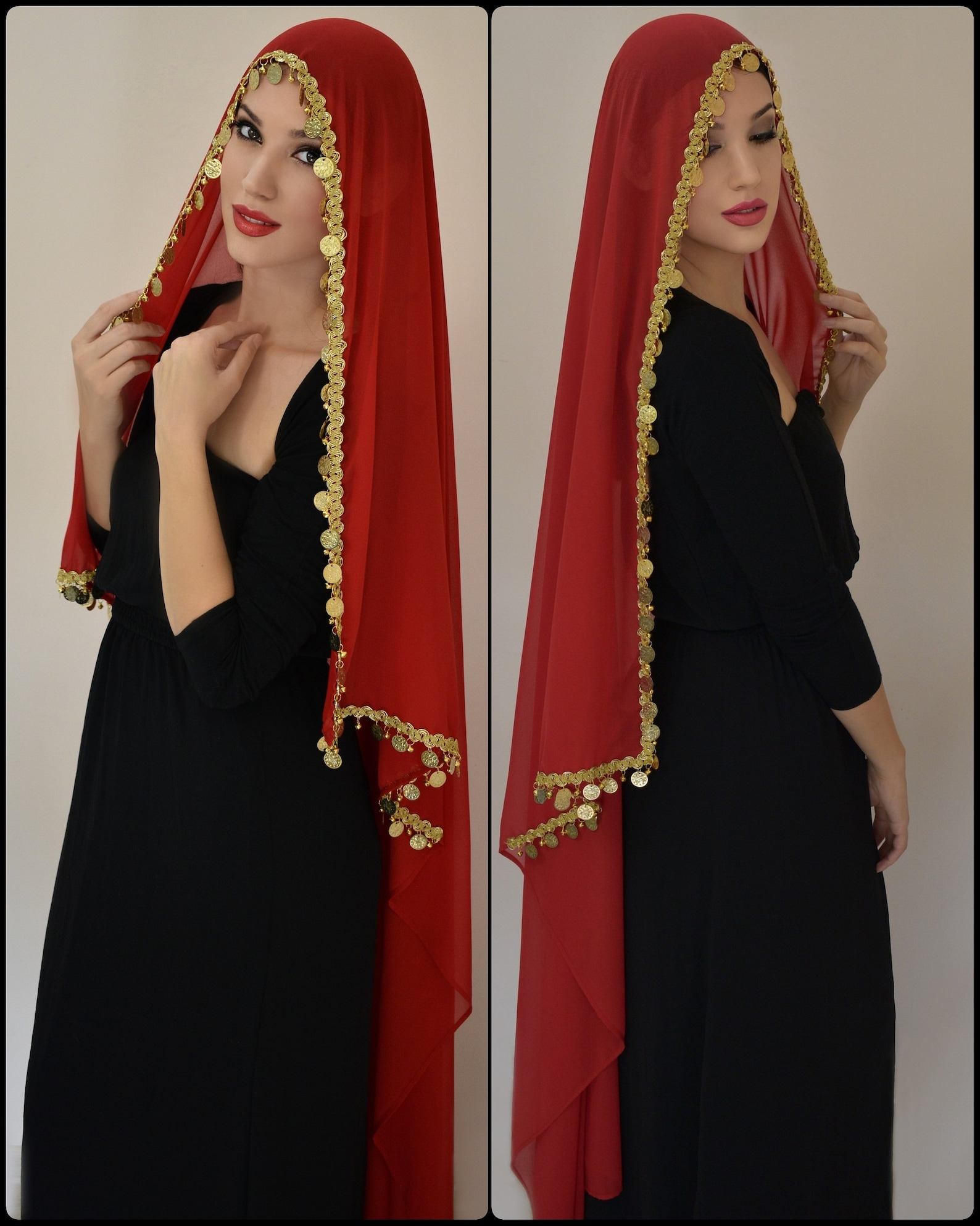 Red Bridal Veil With Gold Coins/ Long Muslim Wedding Veil/ - Etsy