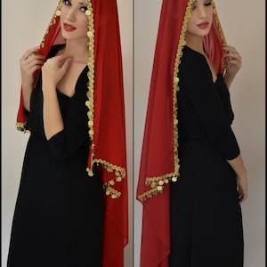 Red Bridal Veil With Gold Coins/ Long Muslim Wedding Veil/ Arabic ...