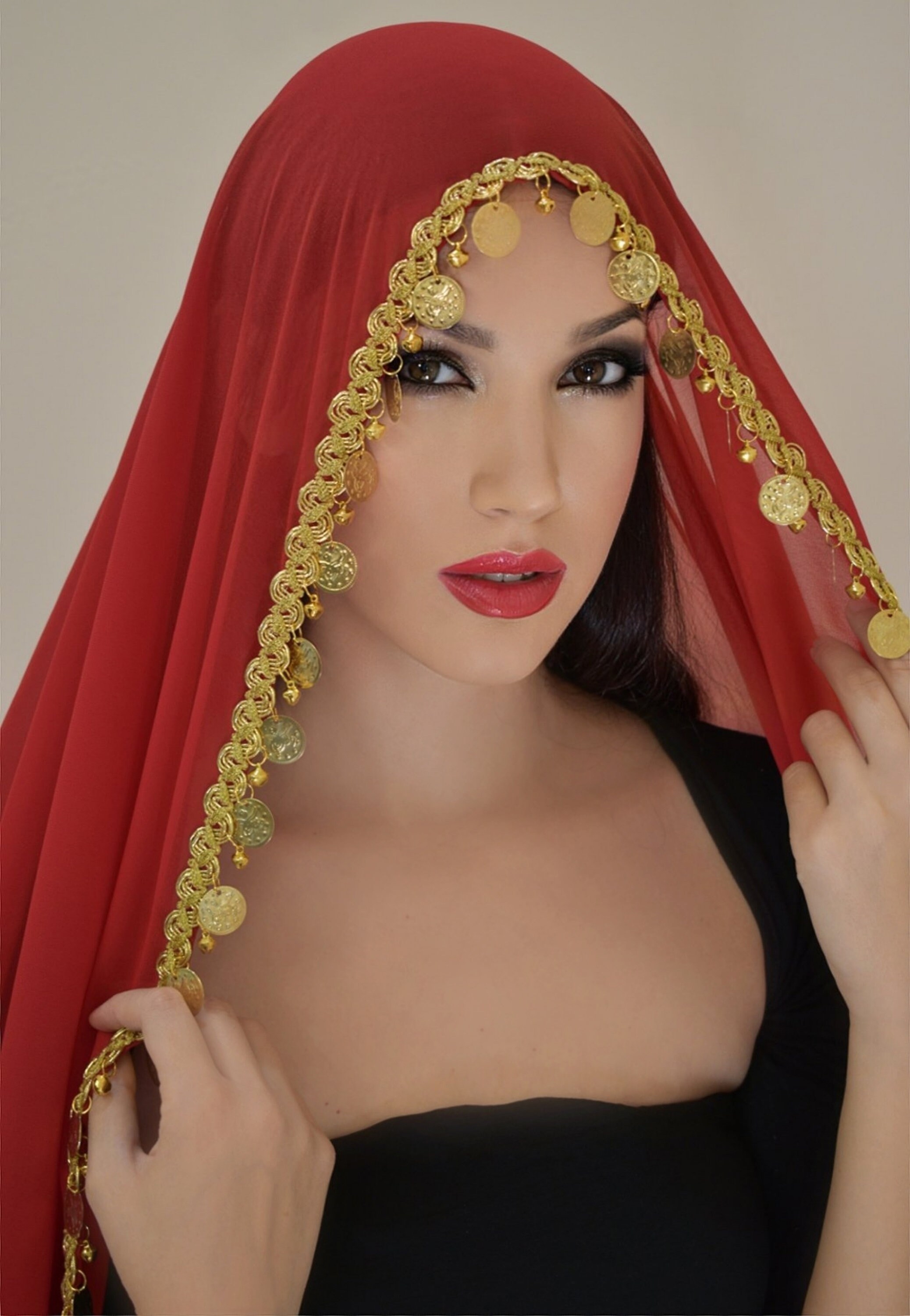 Red Bridal Veil With Gold Coins/ Long Muslim Wedding Veil/ Arabic ...