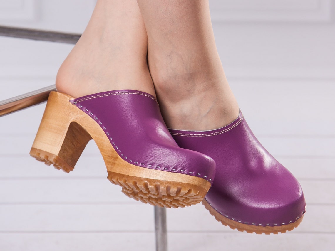 Blue Leather Clog Sandals - Swedish Handmade Wooden Clogs - Luxury High ...