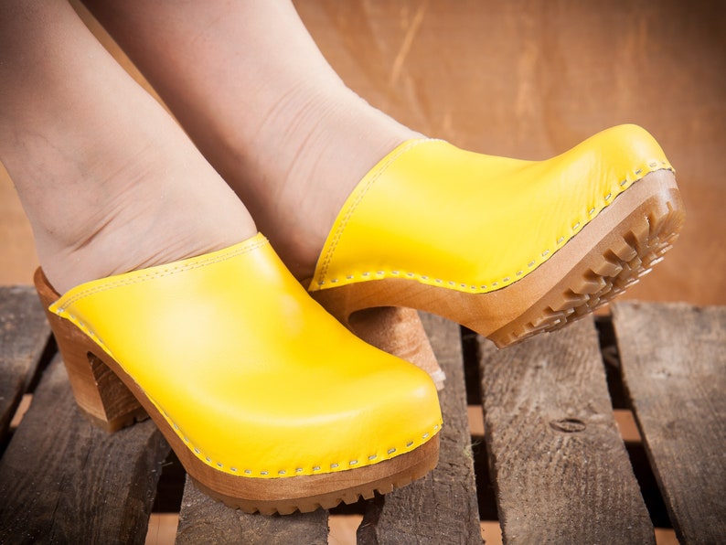 Blue Leather Clog Sandals - Swedish Handmade Wooden Clogs - Luxury High ...