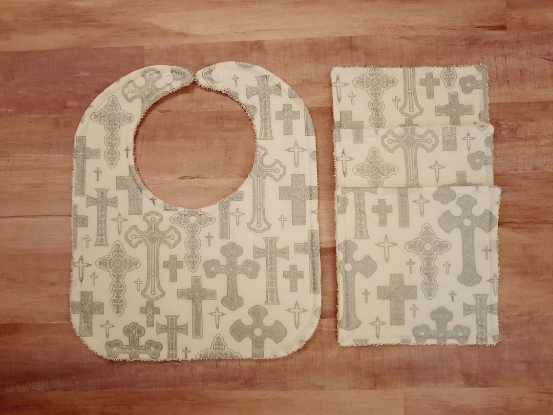 Silver Crosses Baptism Christening Baby Bib and Face Cloth Set ...