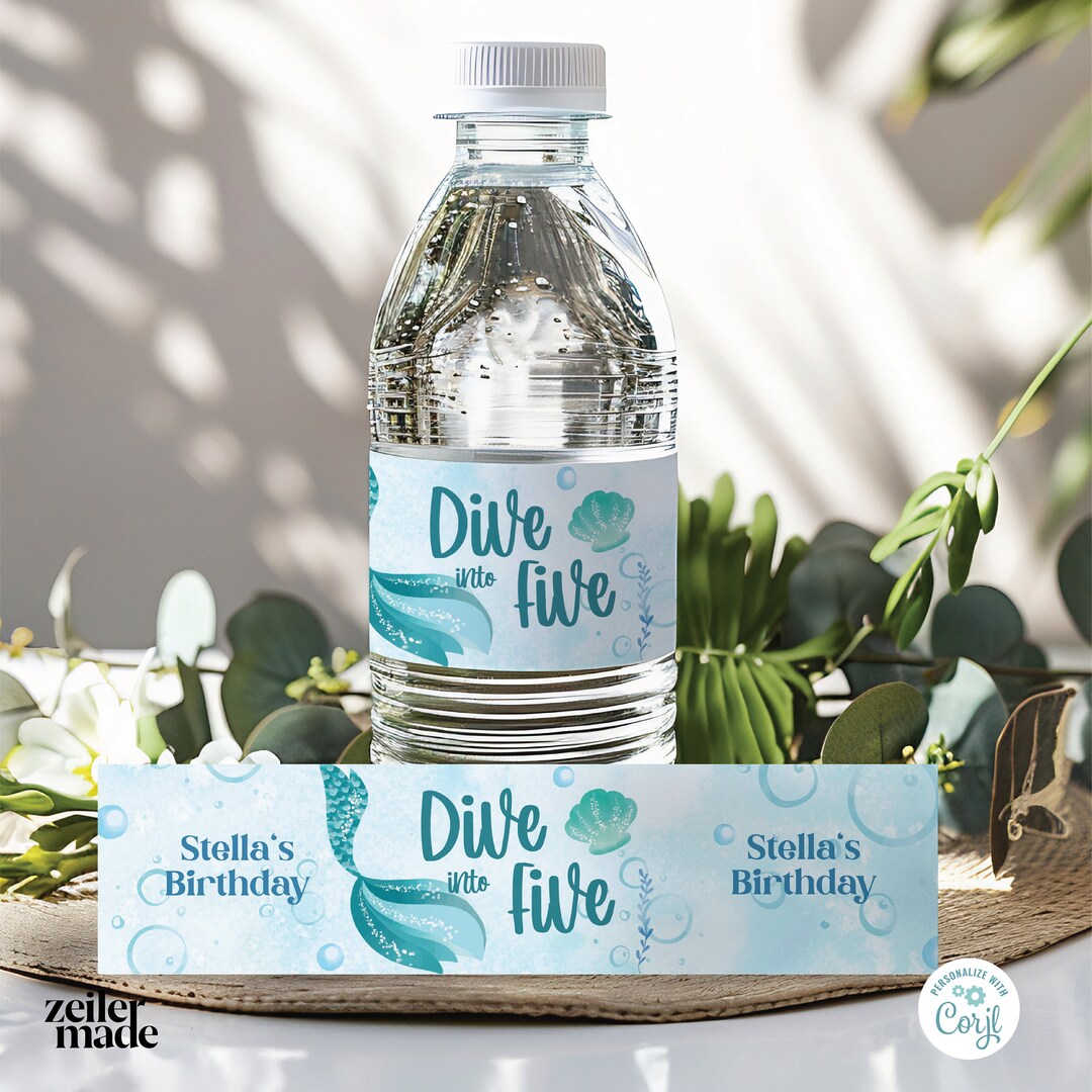 Editable Custom Water Bottle Label Dive Into Five Mermaid Aqua Teal ...