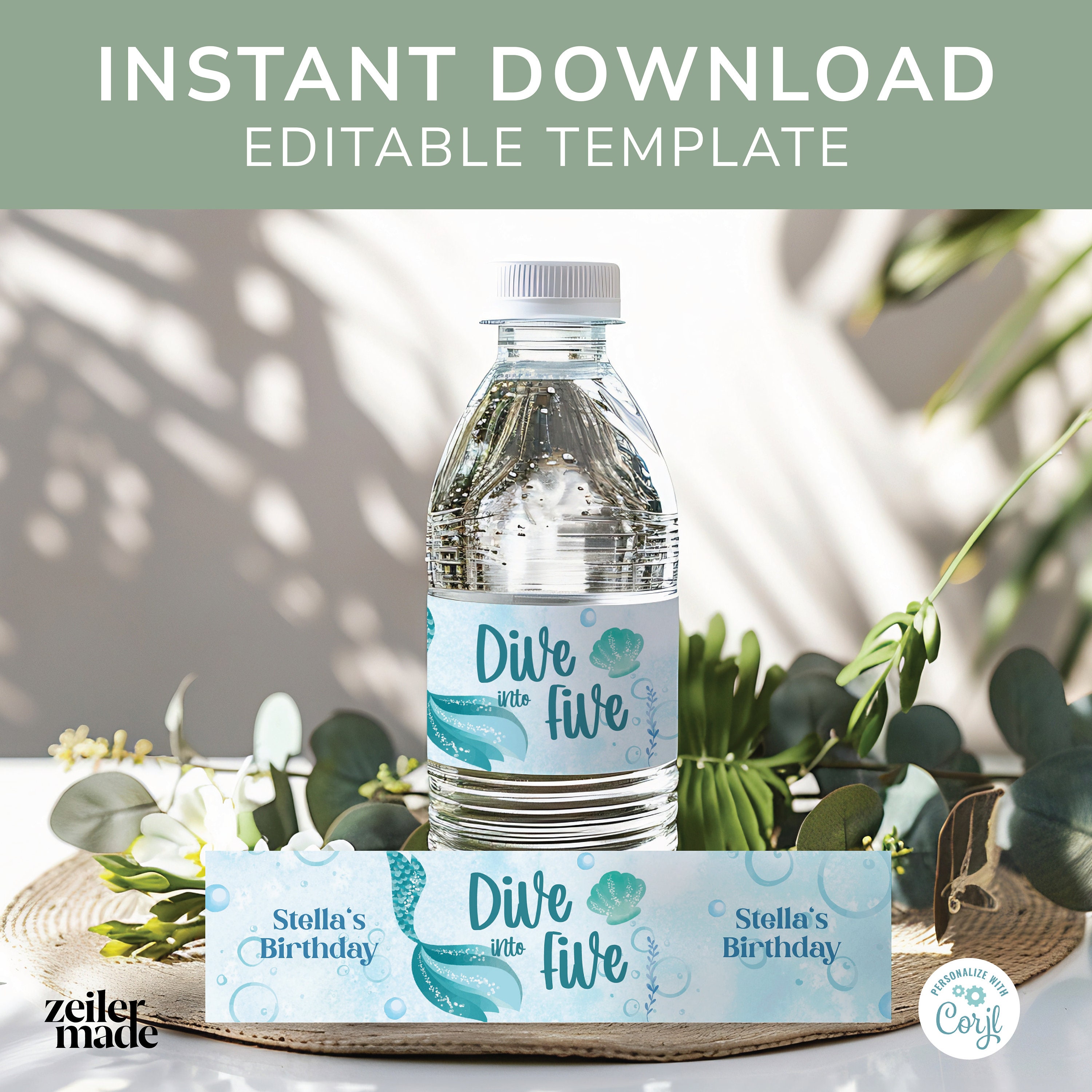 Editable Custom Water Bottle Label Dive Into Five Mermaid Aqua Teal ...
