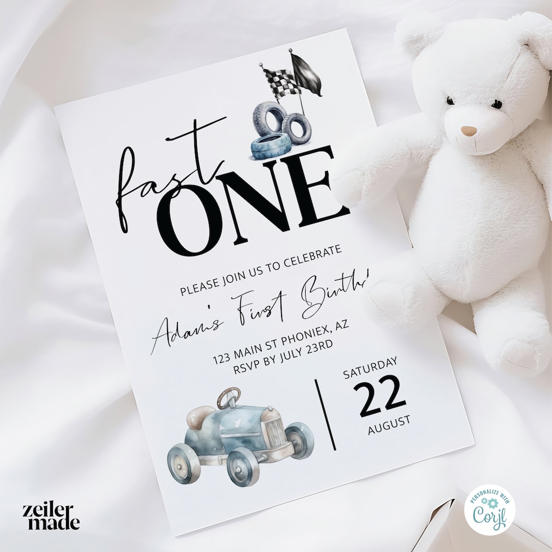 FAST ONE First Birthday Invitation, Race Car Invitation, Race Car 1st ...