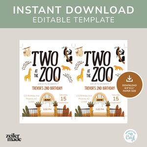 Two at the Zoo Birthday Invitation | Zoo Theme 2nd Birthday Invite ...