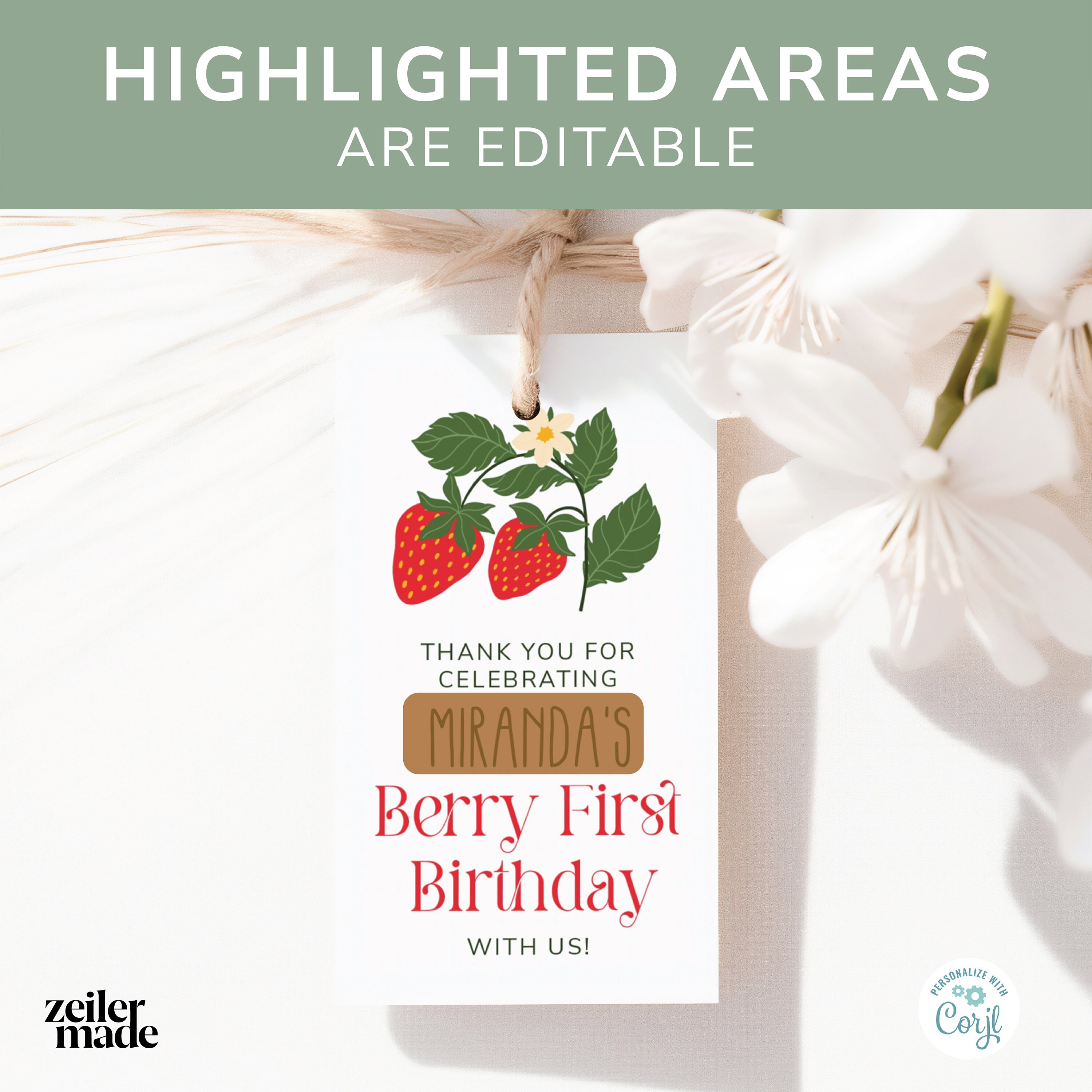 Berry First Birthday Thank You Tag | Strawberry Themed Party Favor Tag ...