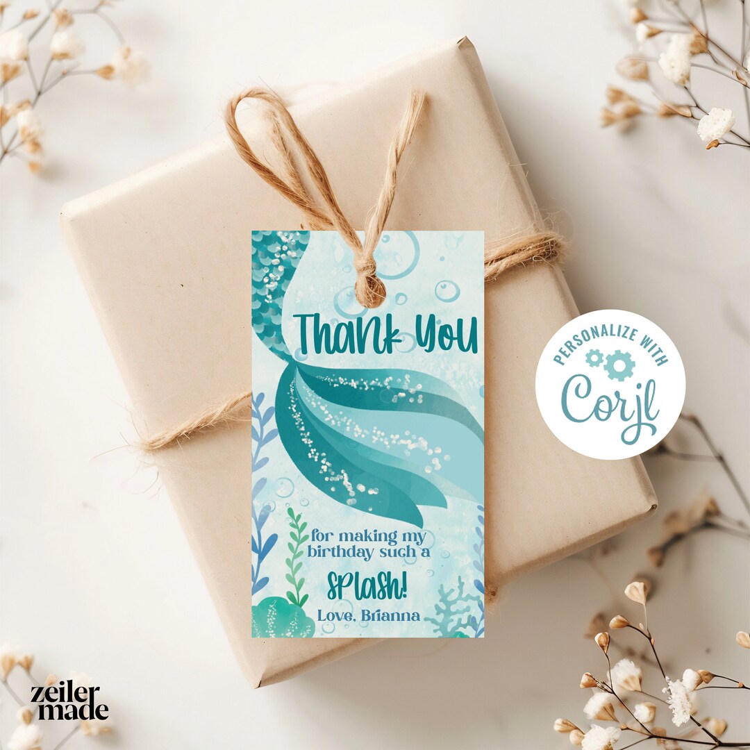 Editable Custom Party Favor Tag Dive Into Five Mermaid Aqua Teal | 5th ...