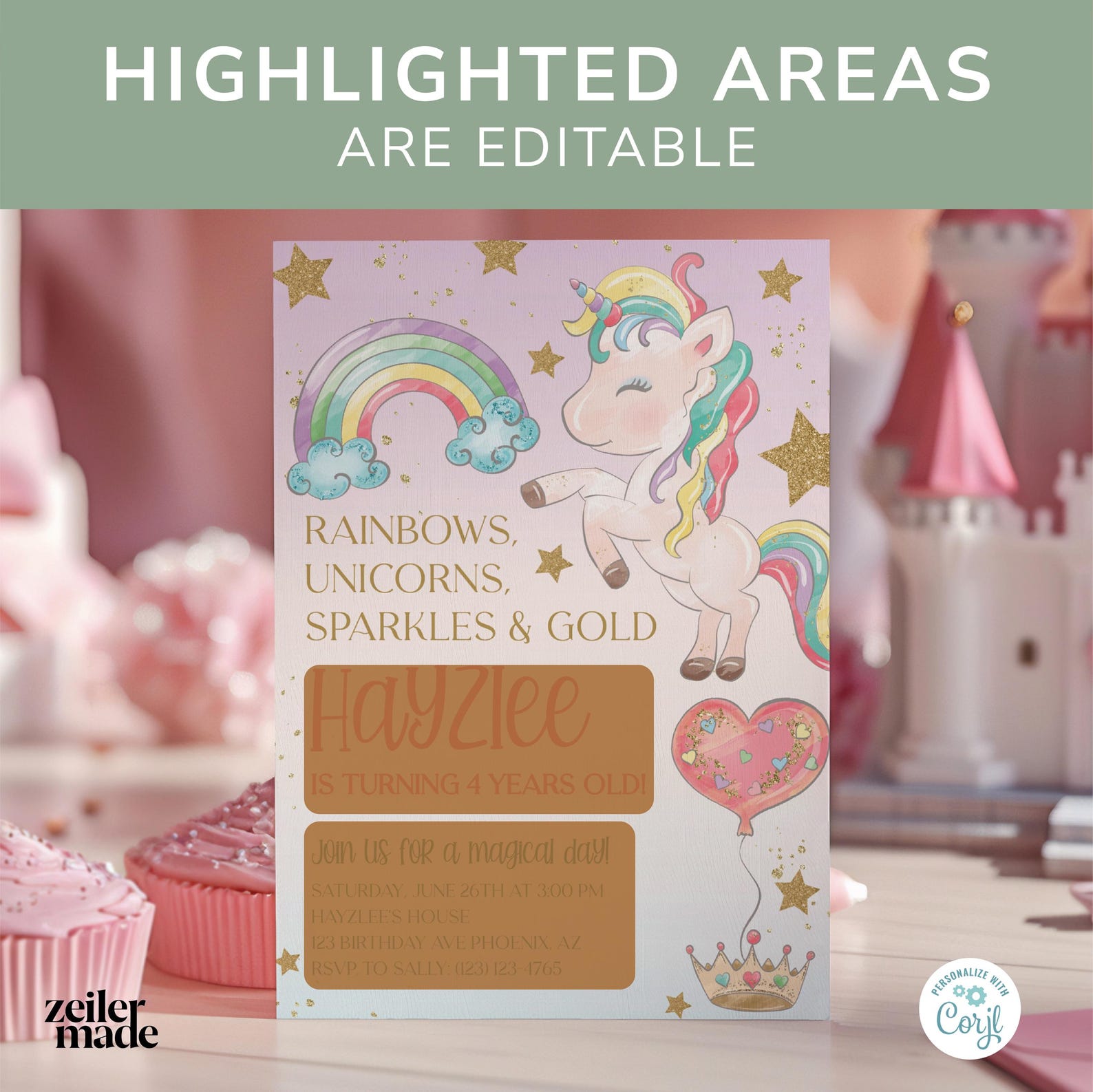 Editable Unicorn Rainbow Birthday Invitation Unicorns Rainbows Sparkles ...
