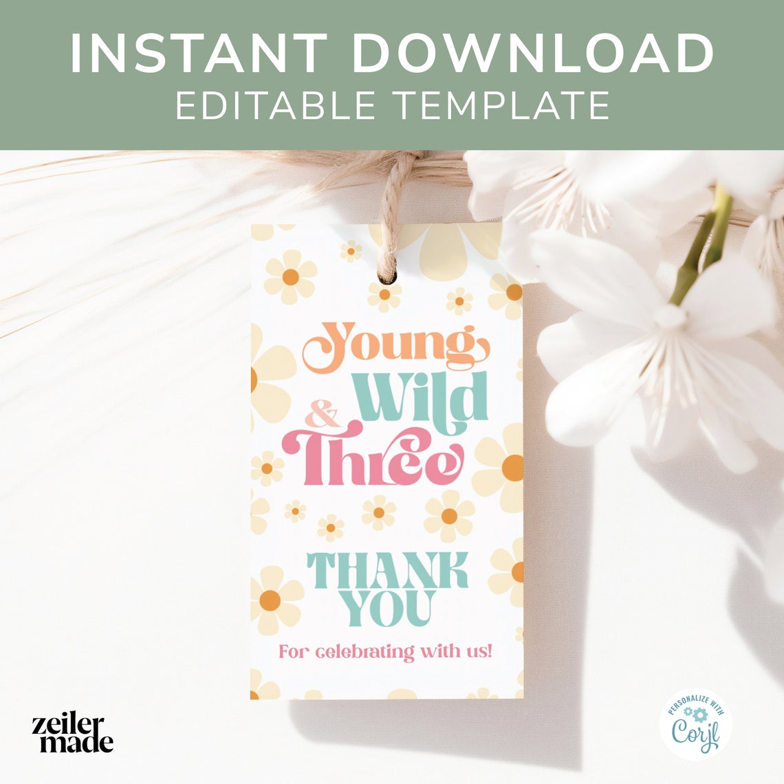Young Wild and Three Birthday Party Favor Tag | Daisy Tag | 3rd ...
