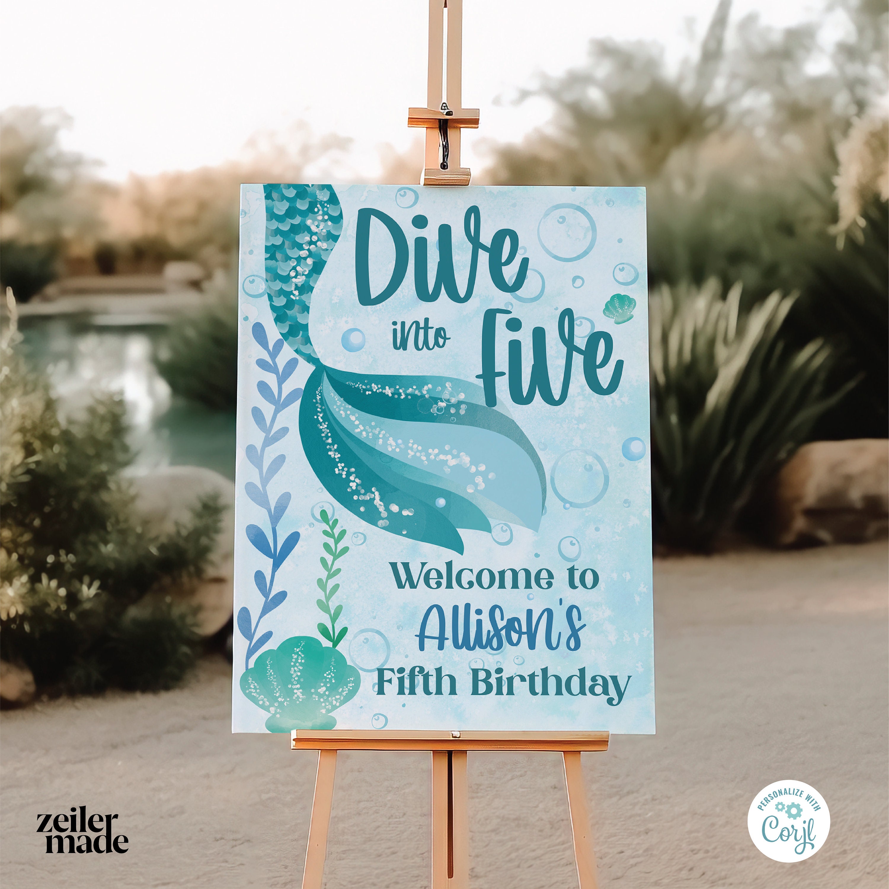 Editable Custom Welcome Sign Dive Into Five Mermaid Aqua Teal | 5th ...
