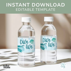 Editable Custom Water Bottle Label Dive Into Five Mermaid Aqua Teal ...