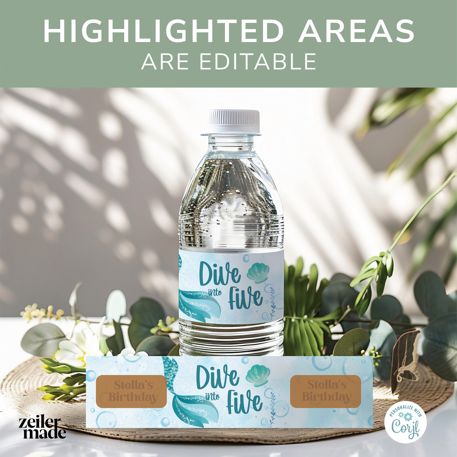 Editable Custom Water Bottle Label Dive Into Five Mermaid Aqua Teal ...