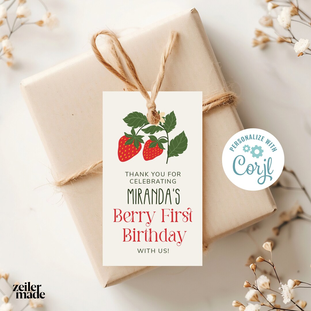 Berry First Birthday Thank You Tag | Strawberry Themed Party Favor Tag ...
