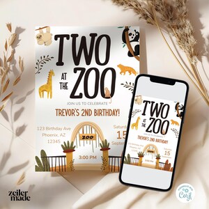 Two at the Zoo Birthday Invitation | Zoo Theme 2nd Birthday Invite ...