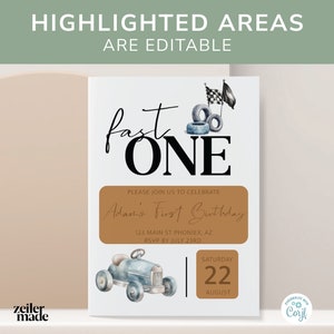 FAST ONE First Birthday Invitation, Race Car Invitation, Race Car 1st ...