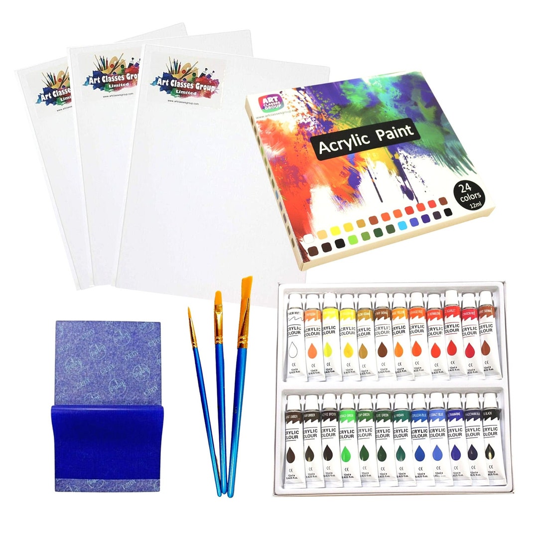 Acrylic Art Set of 3 Canvases - 24 Colours - 3 Brushes - Ideal for ...