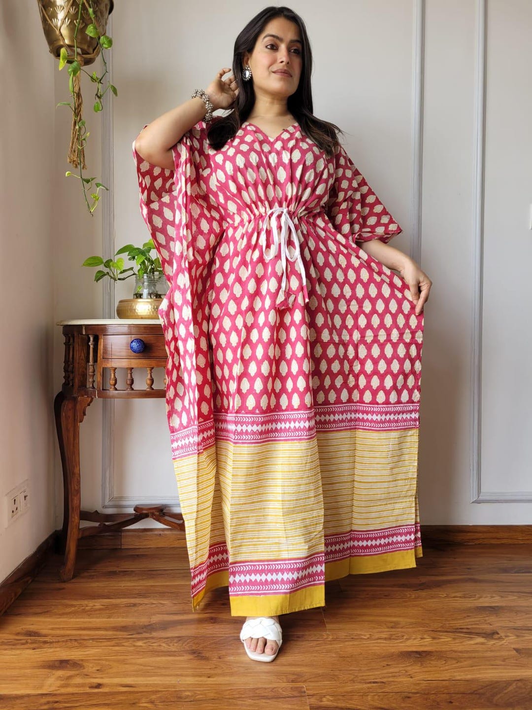 Pink and Yellow Block Print Cotton Kaftan Dress for Summers| Block ...