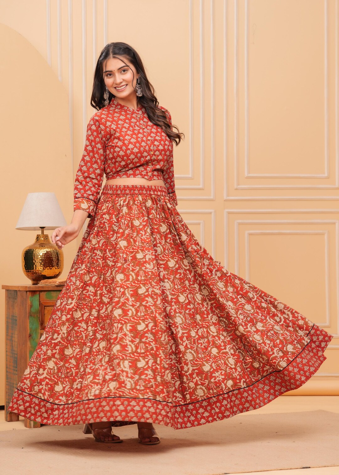 Indian Red Cotton Hand Block Printed Designer Top With Skirt Cotton ...
