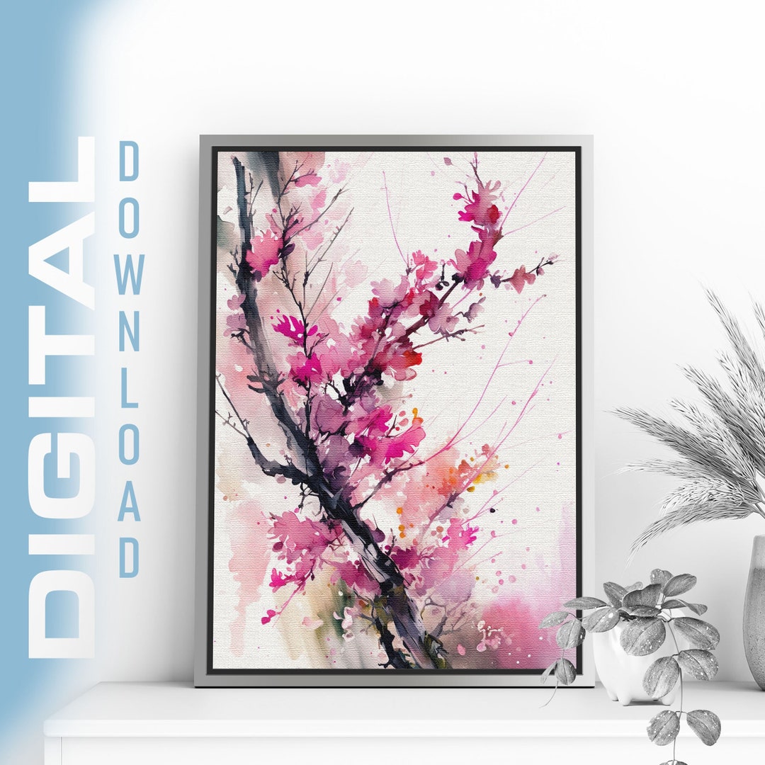 Pink Flower Branches in Watercolor Artwork, High-resolution Digital ...
