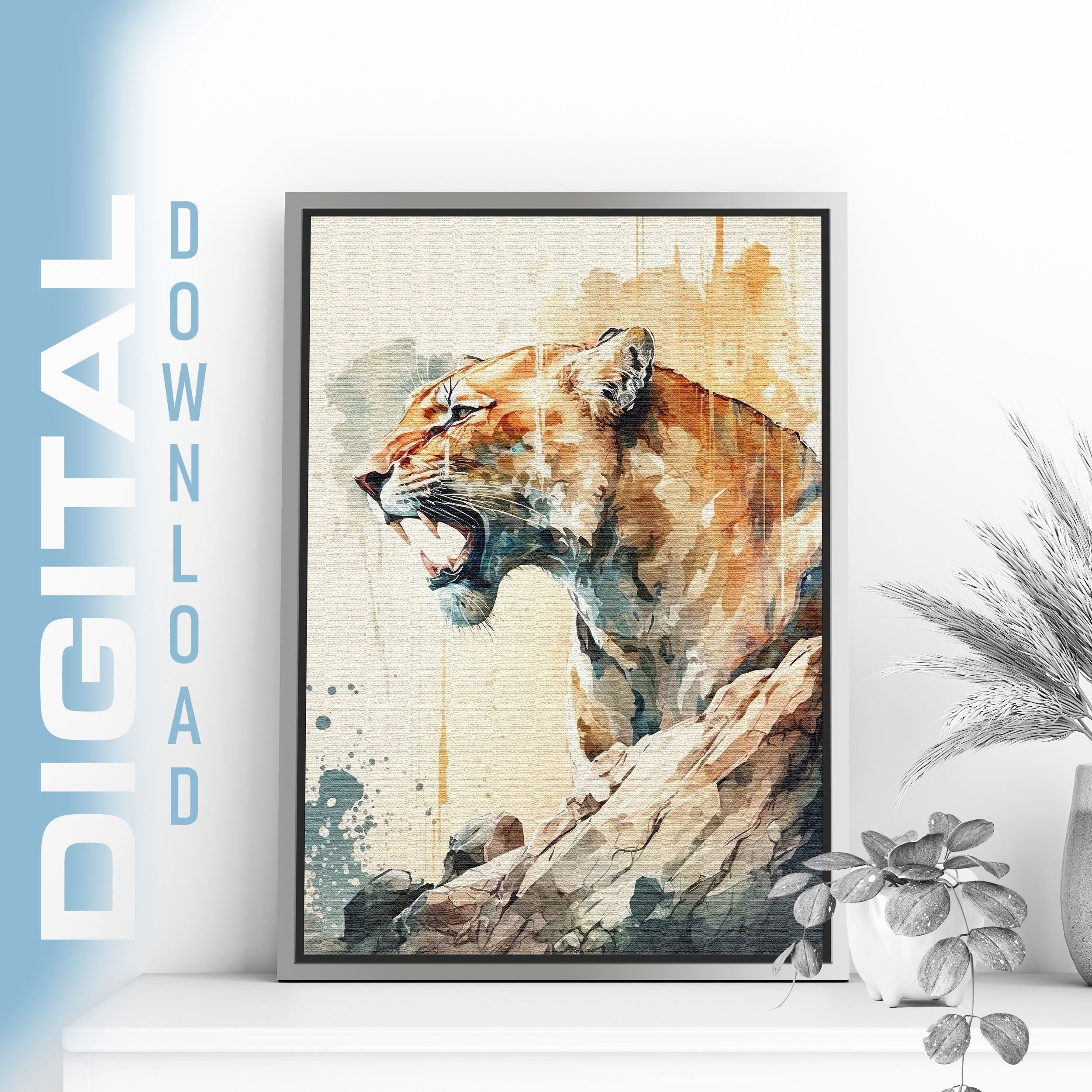Vicious Mountain Lion in Watercolor Artwork, High-resolution Digital ...