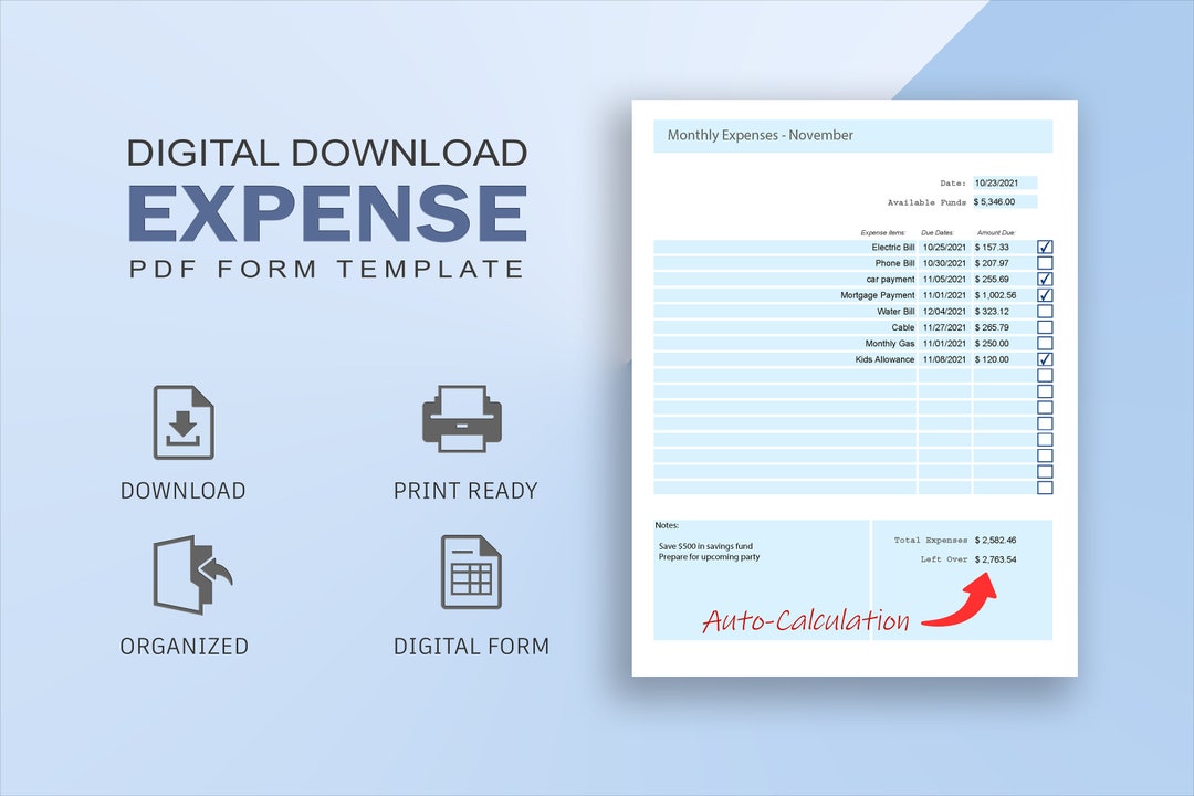 Expense List With Auto-calculation Printable PDF Template Digital ...