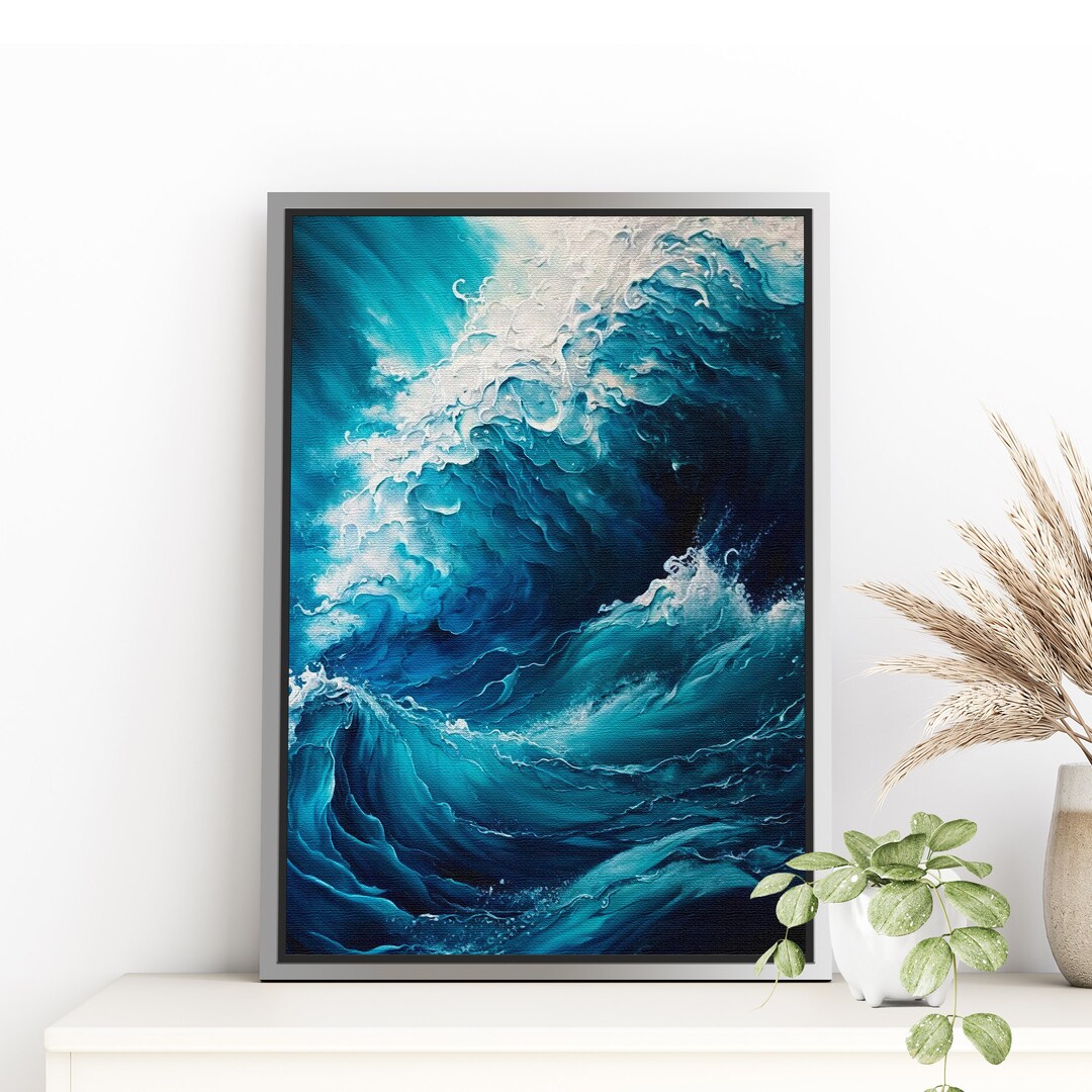 Ocean Blue Waves in Watercolor Artwork on Pine Framed Floating Canvas ...