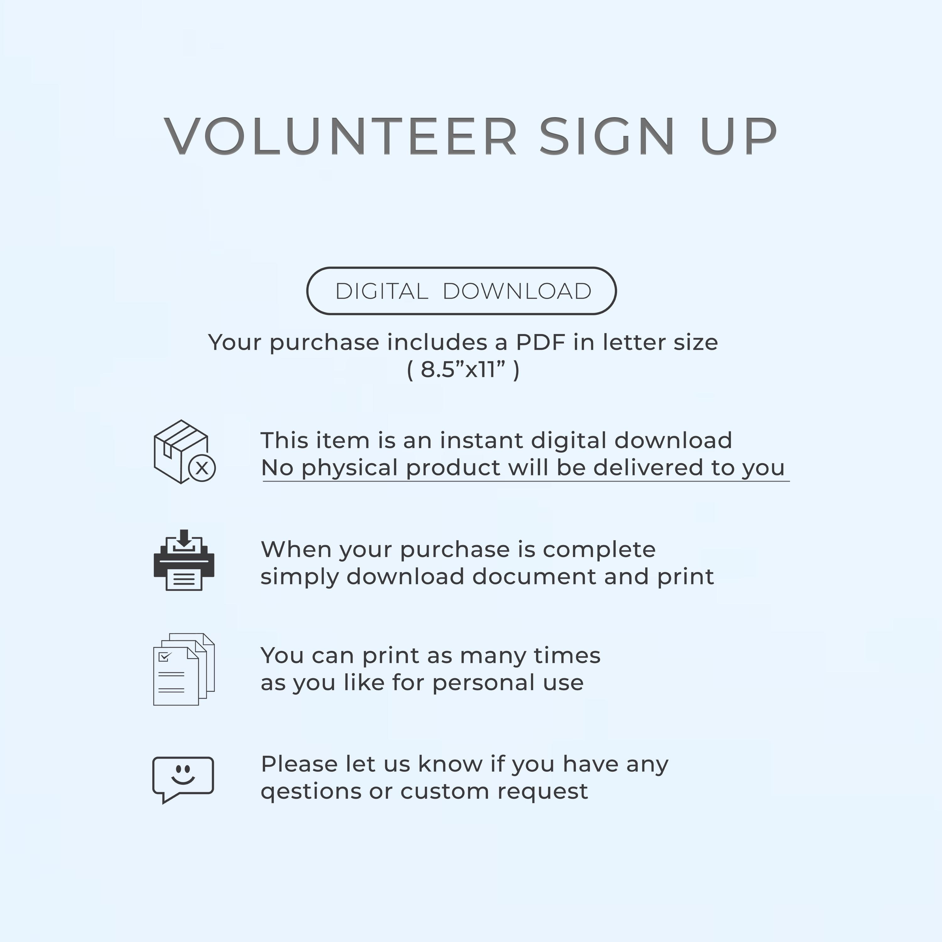 Volunteers List Sign up Sheet Instant Download Template File Letter 8 ...