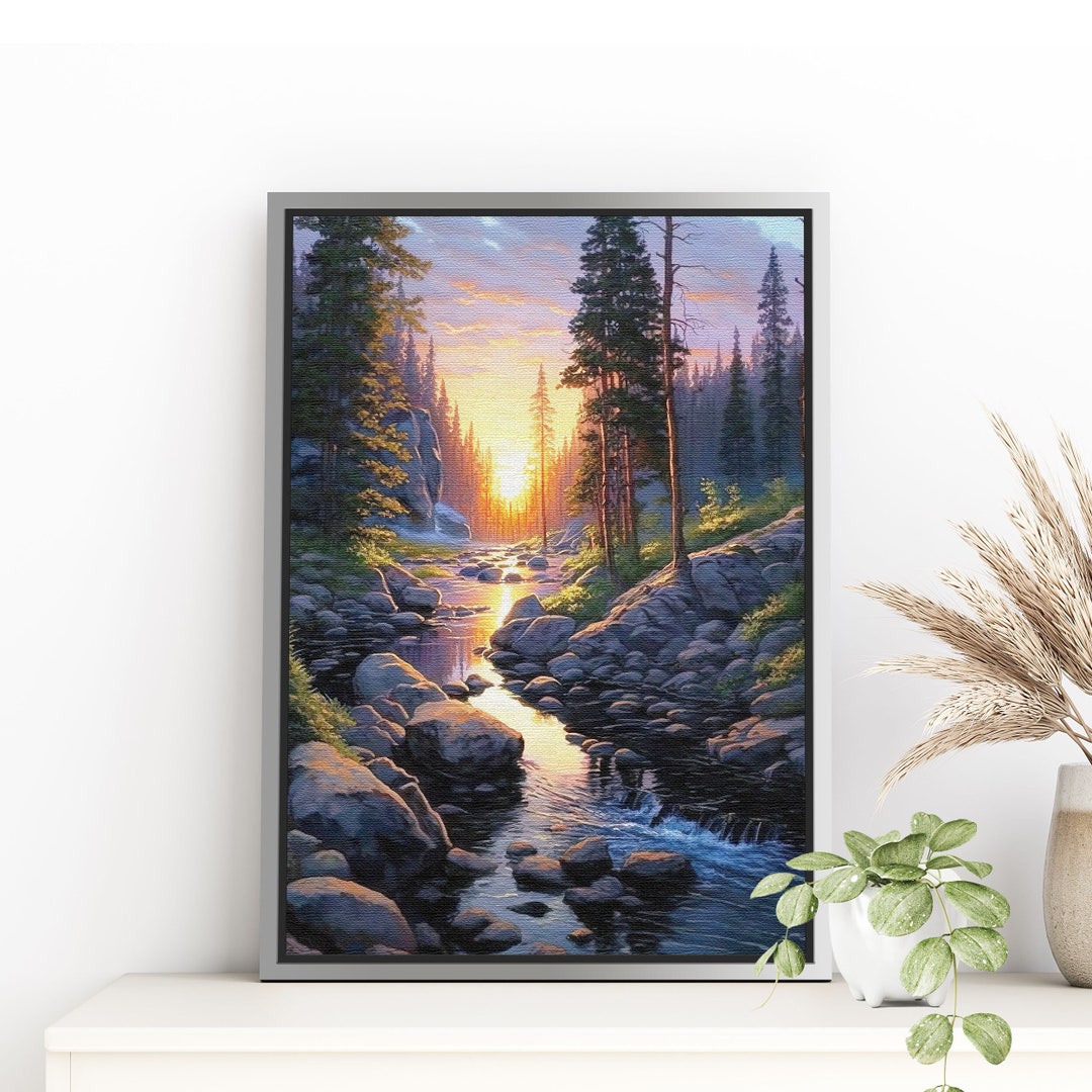 River Stream Sunset in Watercolor Artwork on Pine Framed Floating ...