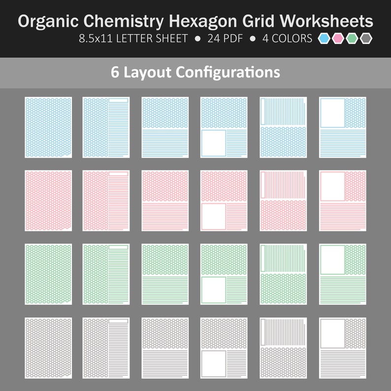 Organic Chemistry Hexagon Grid Paper: 8.5x11, 4-color (PDF Printable ...