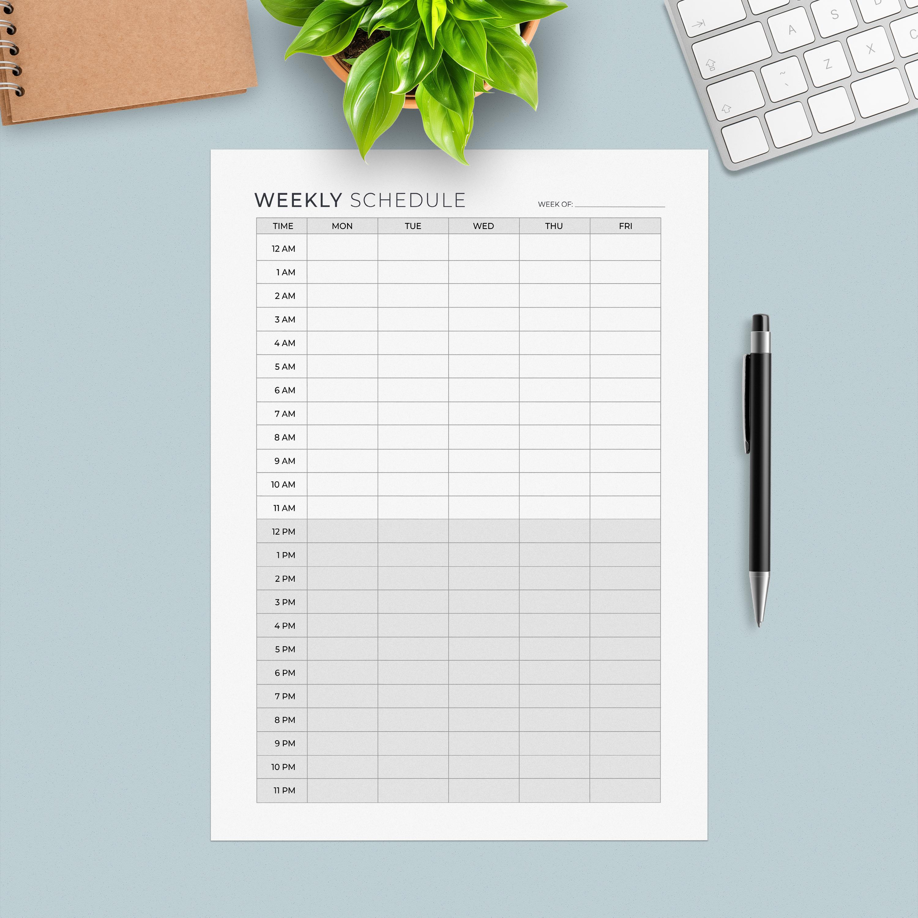 5-day Weekly Schedule Planner, Printable Hourly Template (digital ...