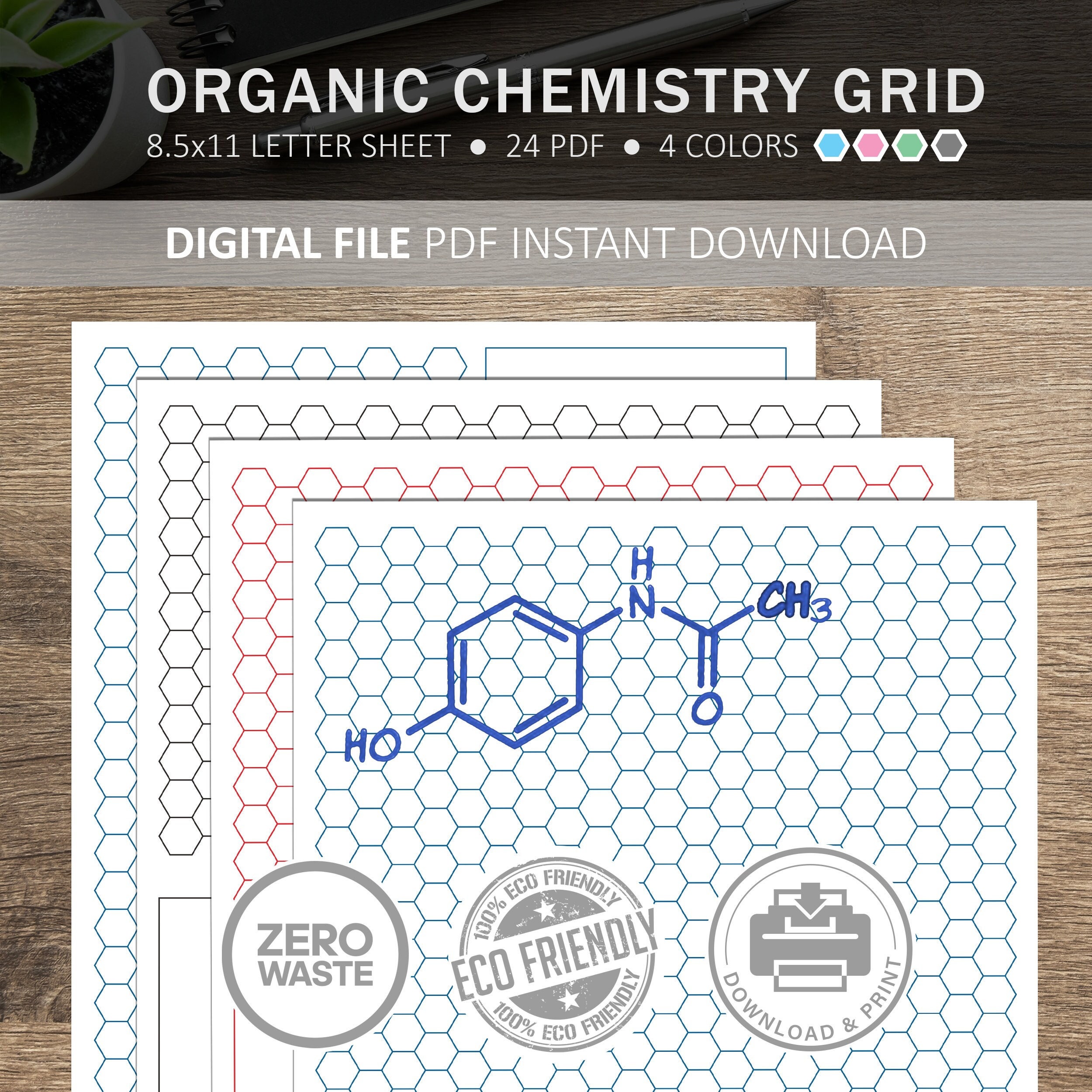 Organic Chemistry Hexagon Grid Paper: 8.5x11, 4-color (PDF Printable ...