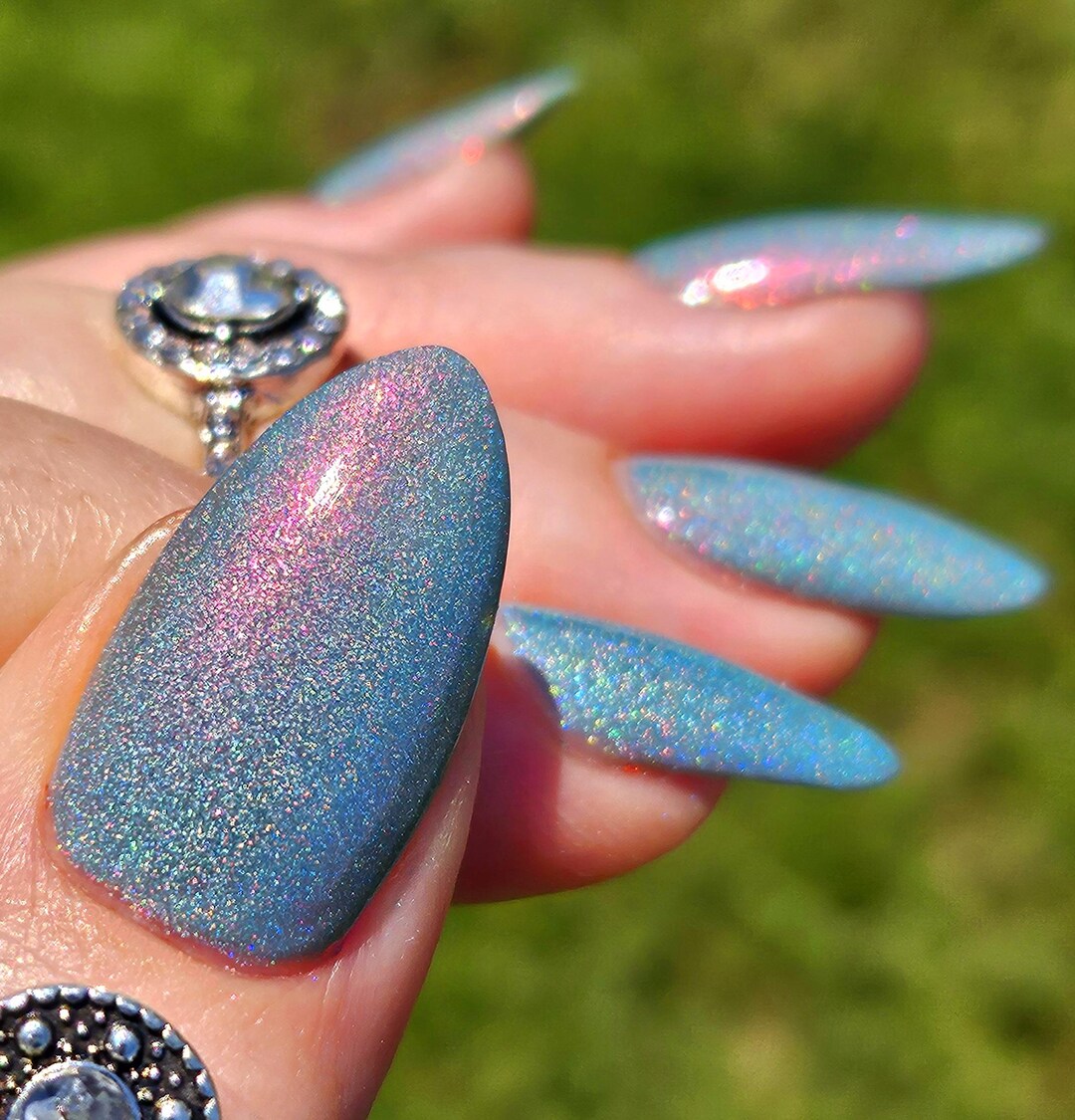 Monster Shrimp Press on Nails: Hand Painted Blue Peach Shimmer - Etsy