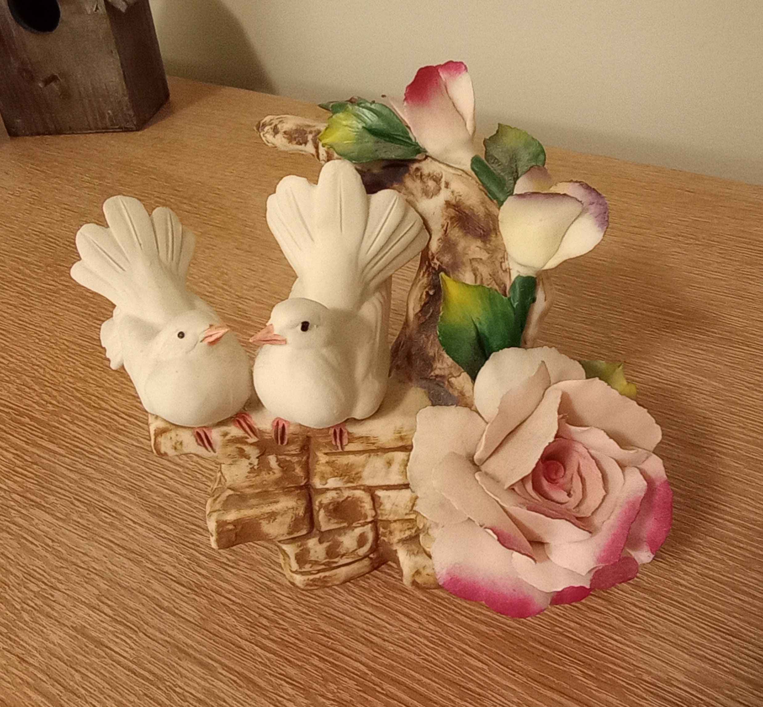 Genuine Capodimonte Porcelain White Doves Perched on a Stone Wall by a ...