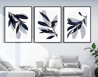 Blue Wall Prints, Botanical Wall Art, Navy Blue Wall Art, Blue Home ...