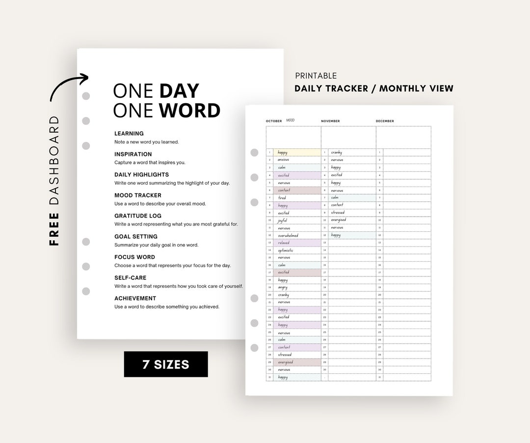 One Day One Word Monthly Tracker: Planner Inserts (digital Download) - Etsy