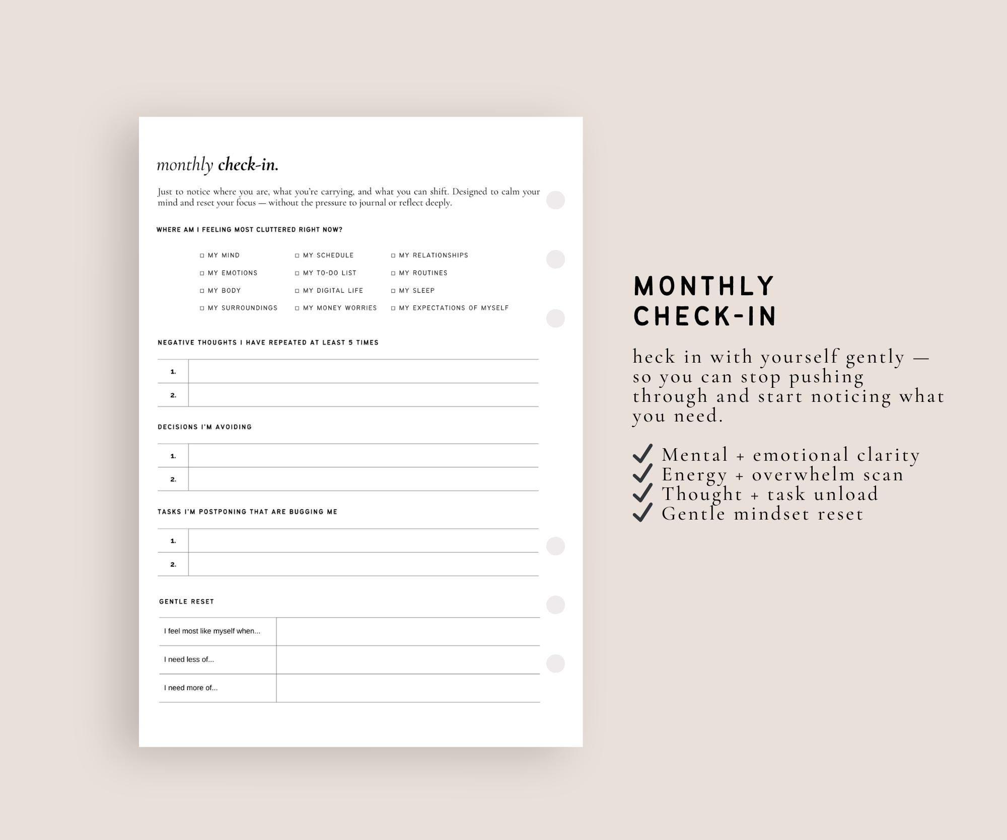 Monthly Check-in Sheet: Mental Health Planner Inserts (printable PDF ...