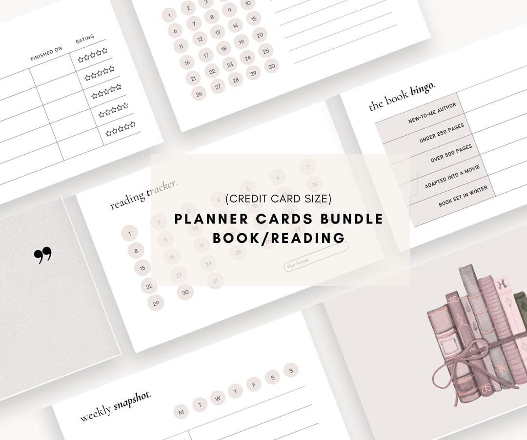 Reading Log, Book Cards, Credit Card Size Planner Cards Bundle (digital ...
